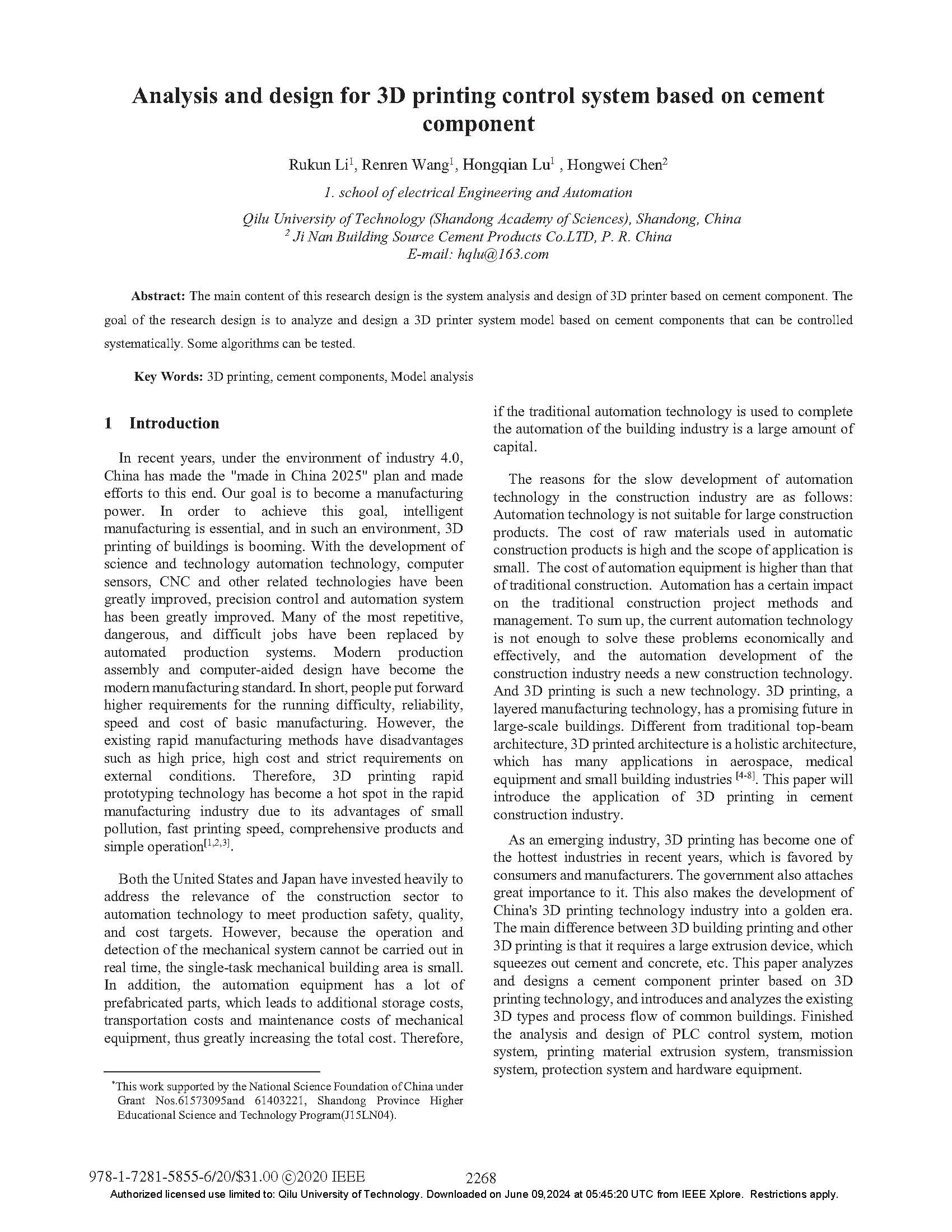 Analysis and design for 3D printing control system based on cement component | Rukun Li